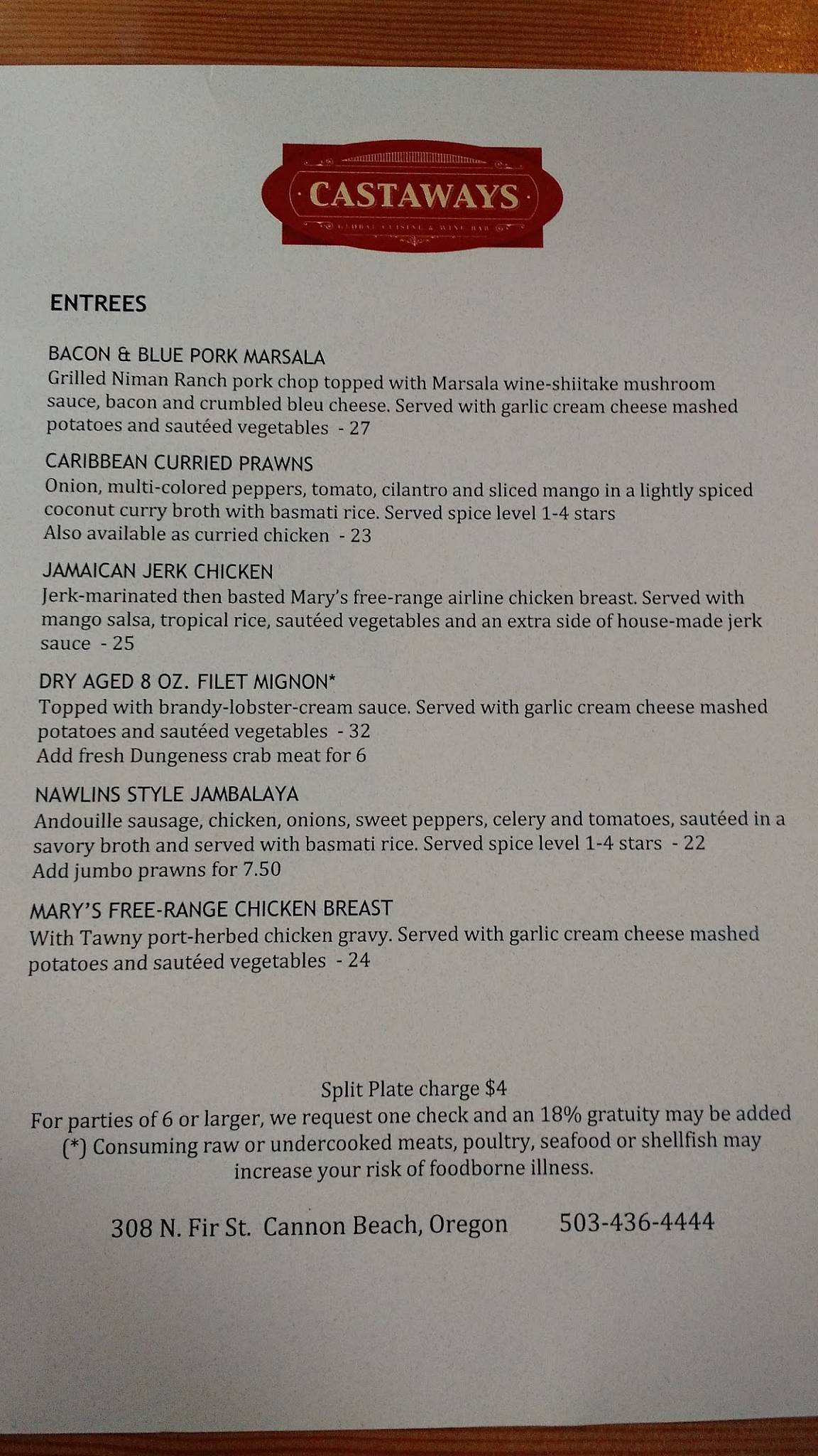 Menu at Castaways Global Cuisine restaurant, Cannon Beach