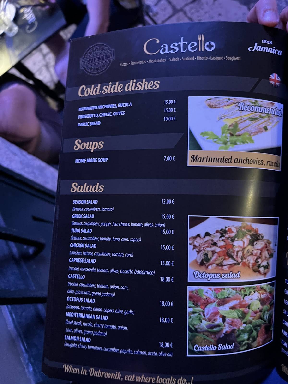 Menu at Castello restaurant, Dubrovnik