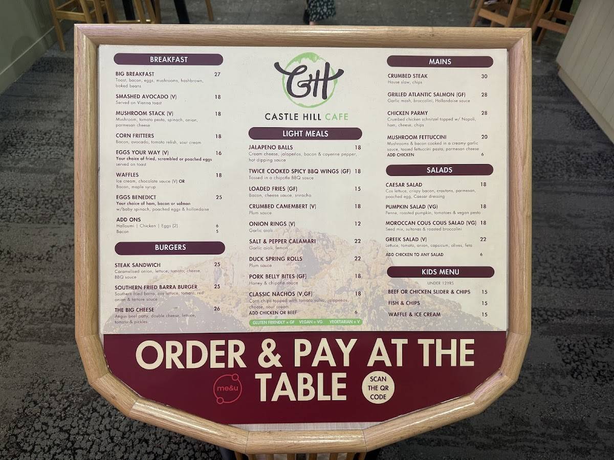 Menu at Castle Hill Cafe, Garbutt, Townsville Airport