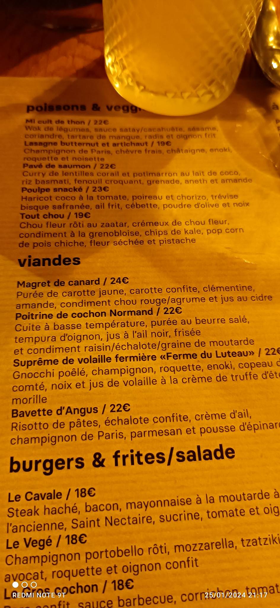 Menu at Cavale restaurant, Paris