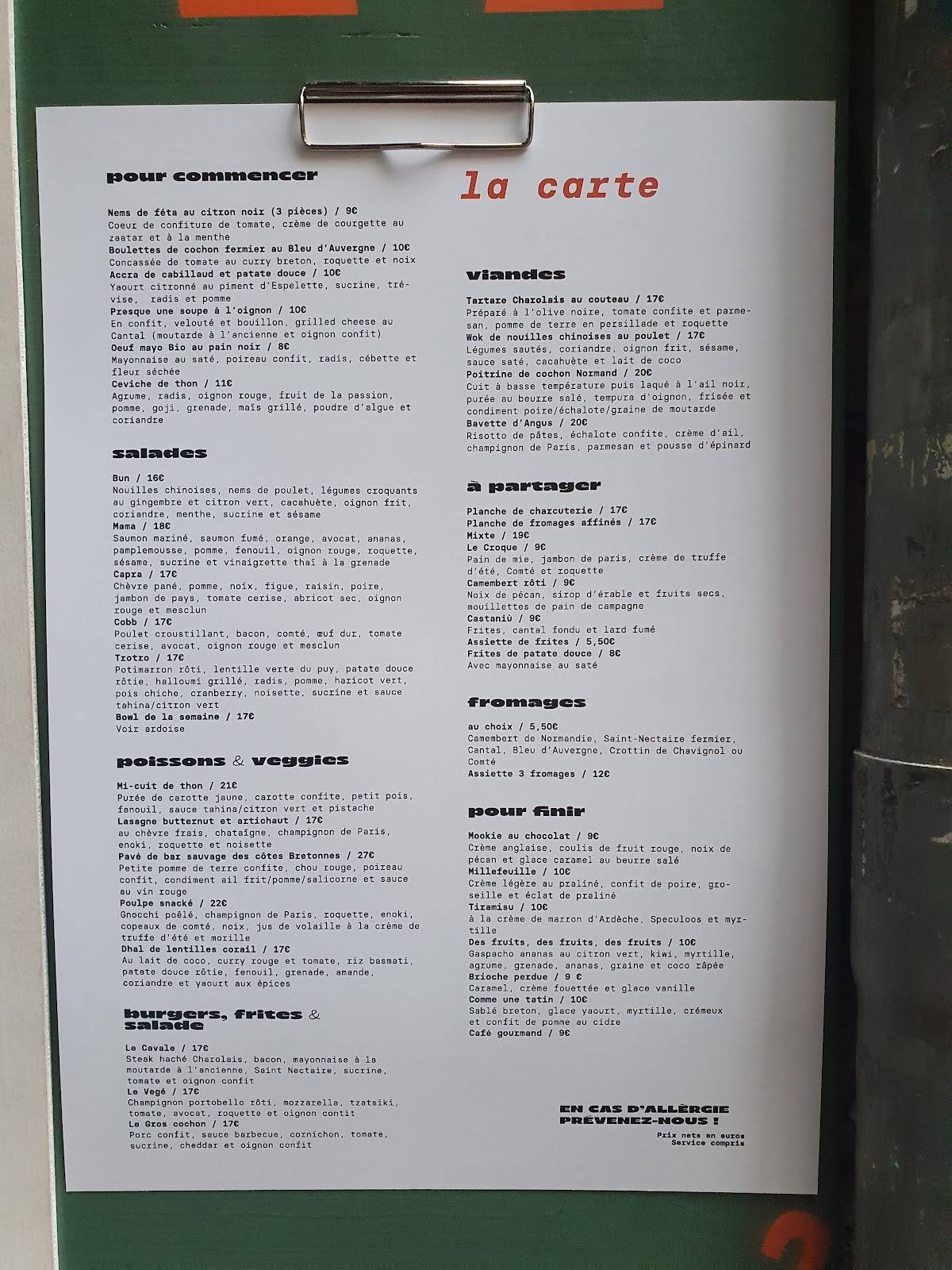 Menu at Cavale restaurant, Paris