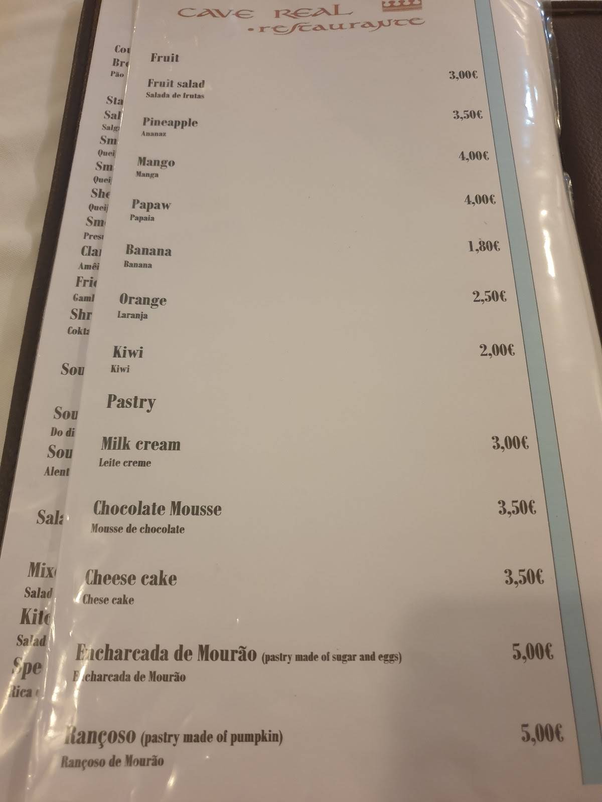 Menu at Cave Real restaurant, Lisbon