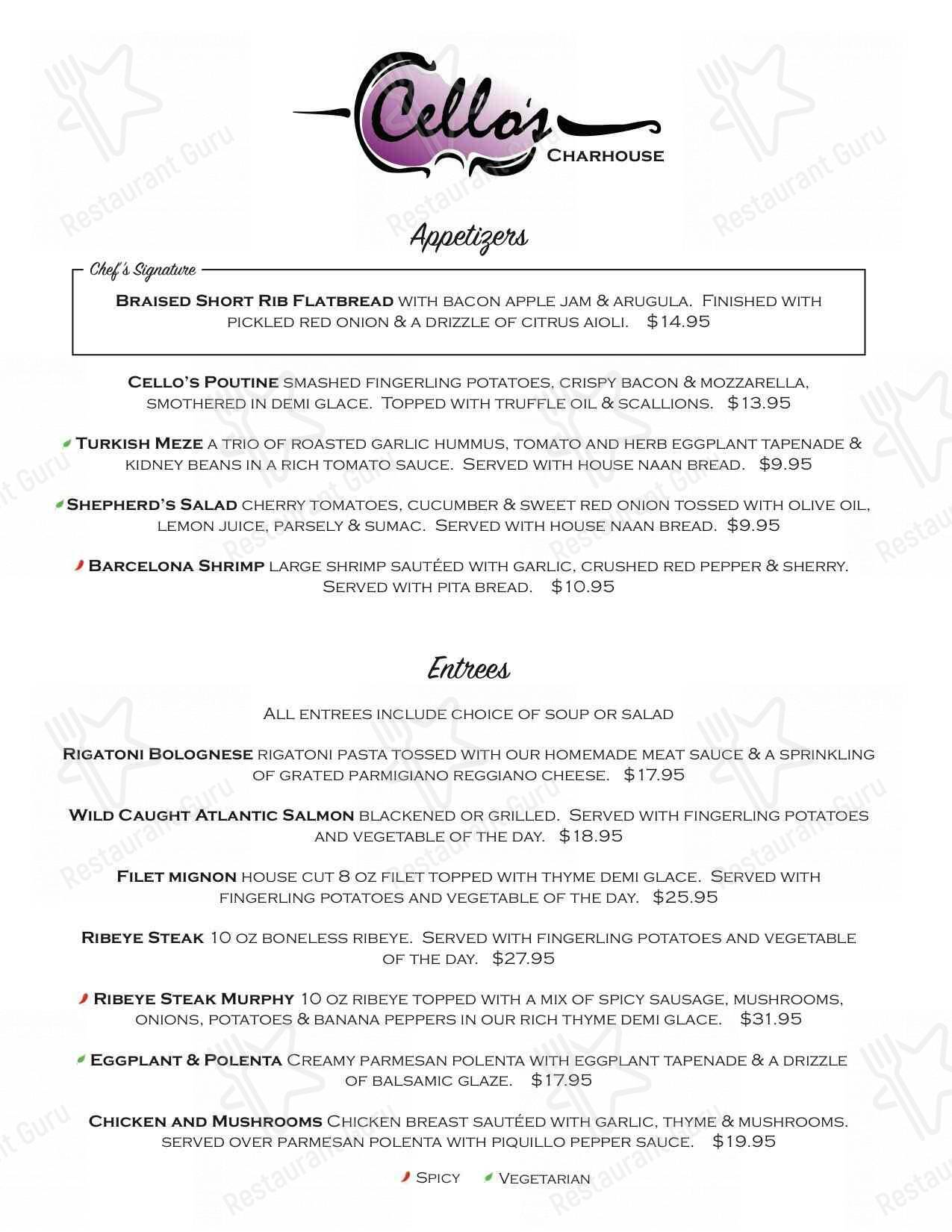 Menu at Cello's Charhouse steakhouse, Safety Harbor