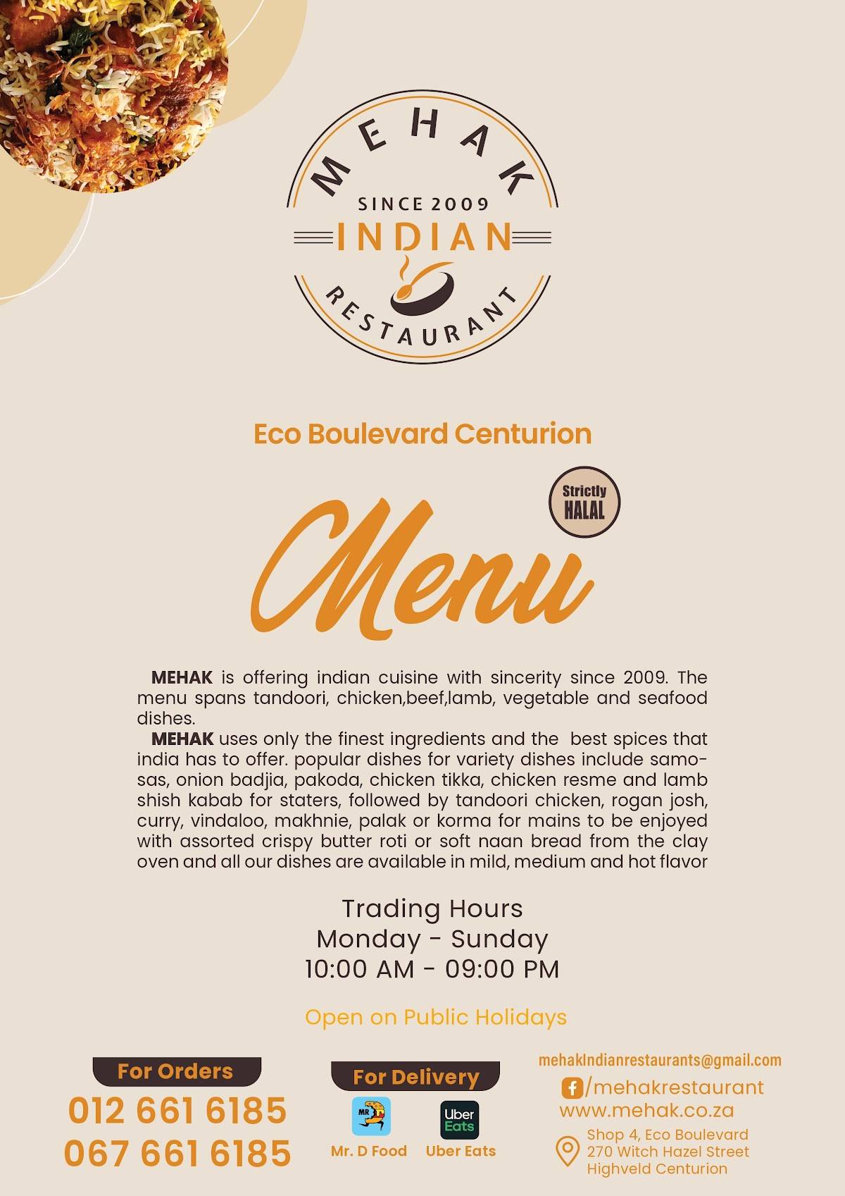 Menu at Mehak Indian Restaurant, Centurion, 270 Witch-Hazel Avenue Eco ...