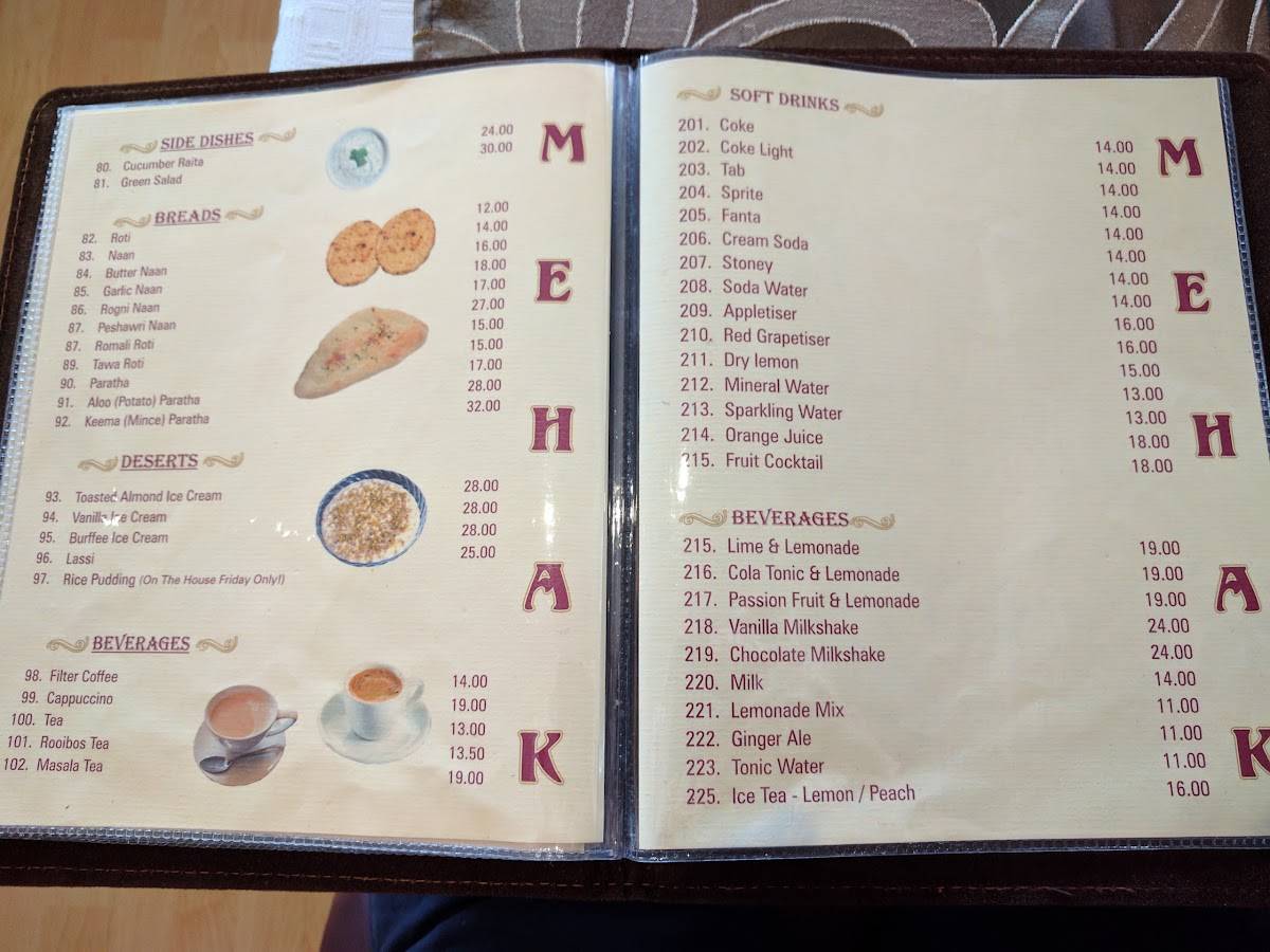 Menu at Mehak Indian Restaurant, Centurion