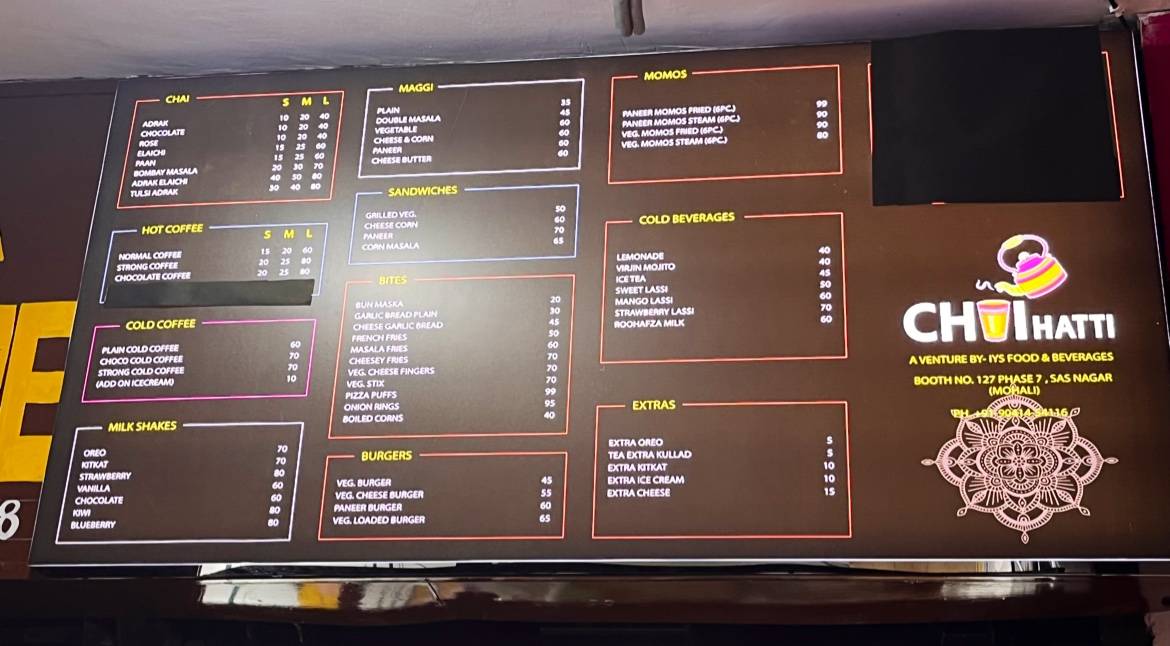 Menu at Chai Hatti, Sahibzada Ajit Singh Nagar