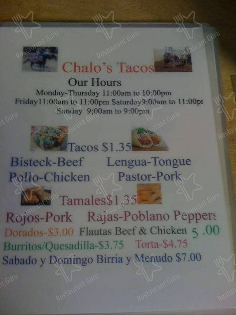 Menu at Chalo's Tacos restaurant, Bethany
