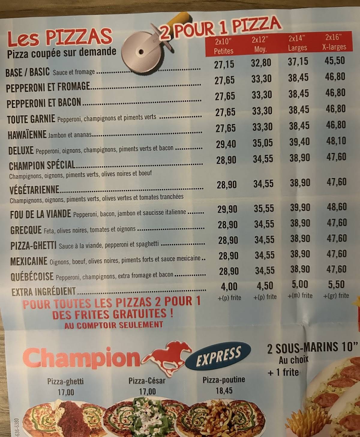 Menu au Champion Pizza pizzeria, Joliette