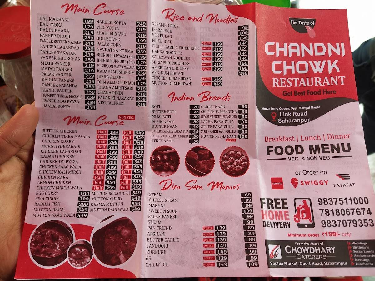 Menu at Chandni chowk, Saharanpur