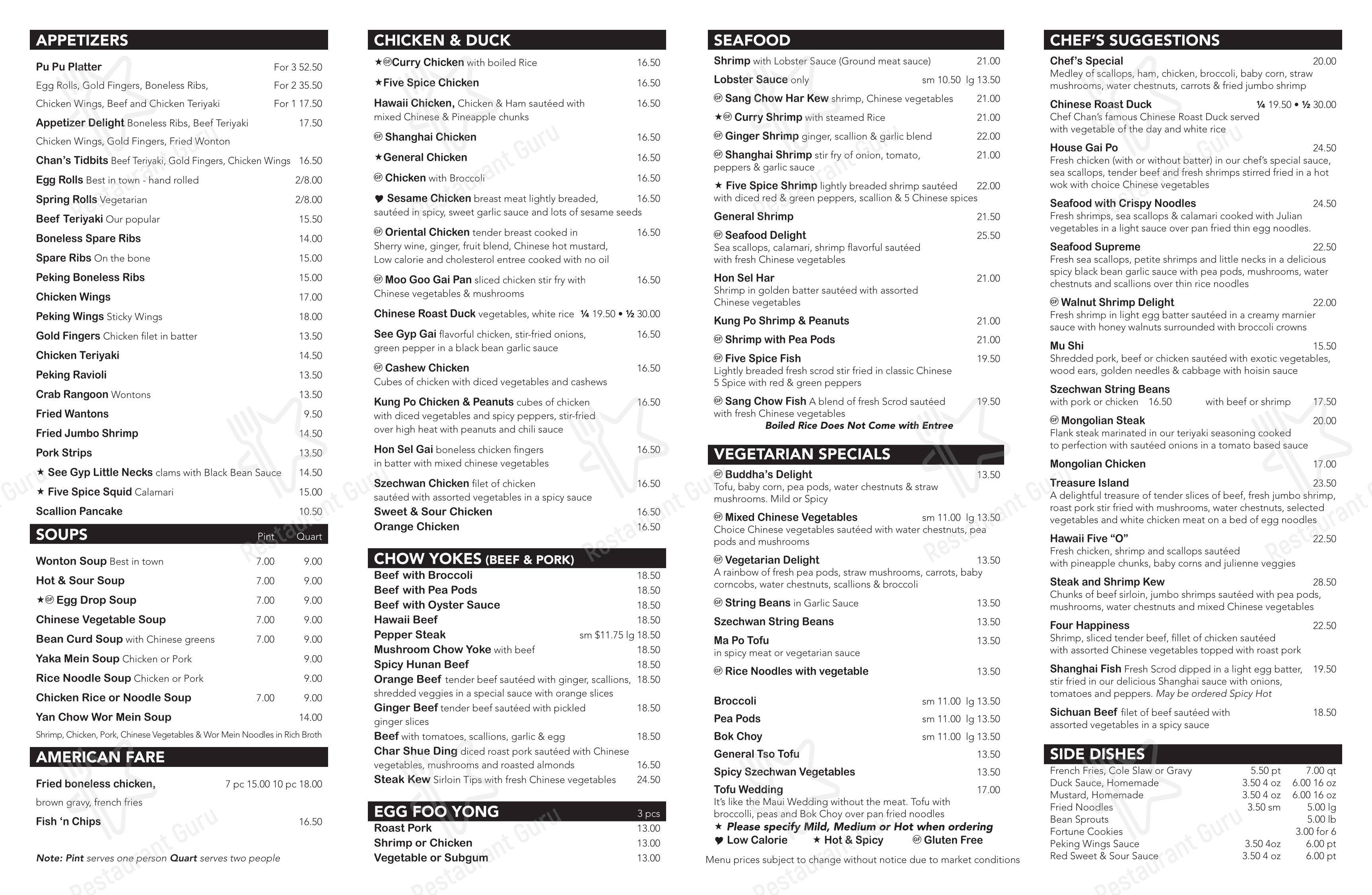 Menu at Chan's Fine Oriental Dining restaurant, Woonsocket