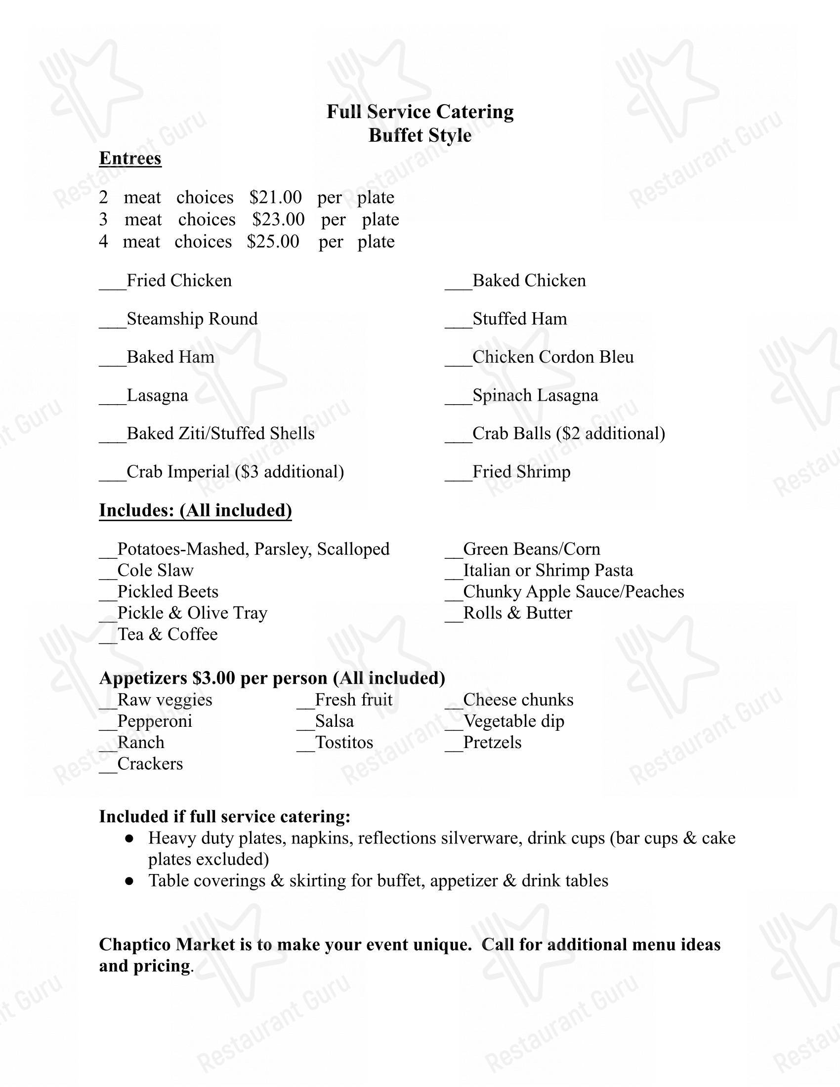 Menu at Chaptico Market & Deli restaurant, Chaptico