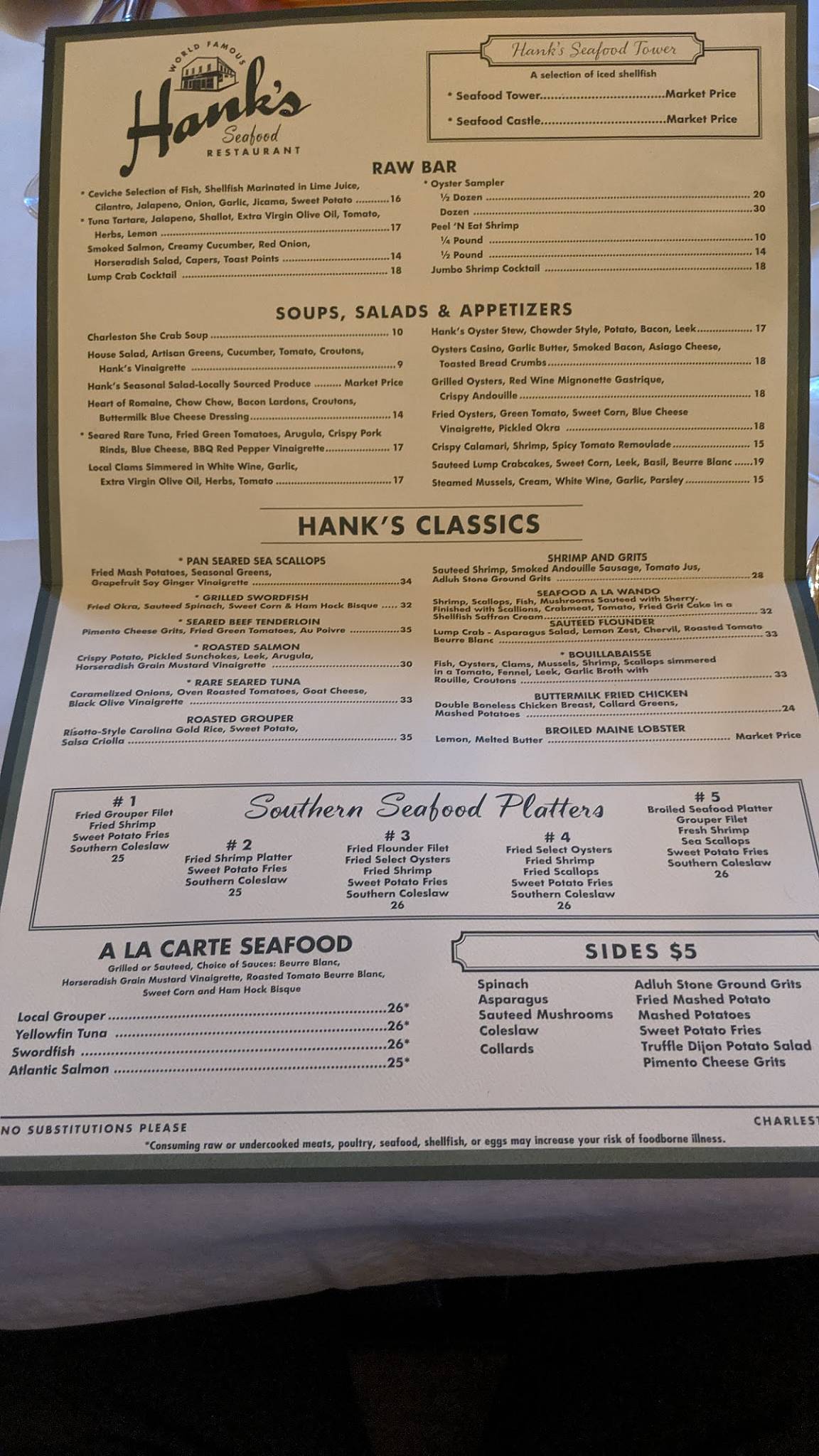 Menu at Hank's Seafood Restaurant, Charleston