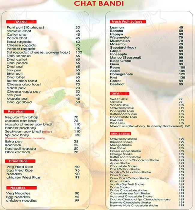 Menu at Chat Bandi, Hyderabad