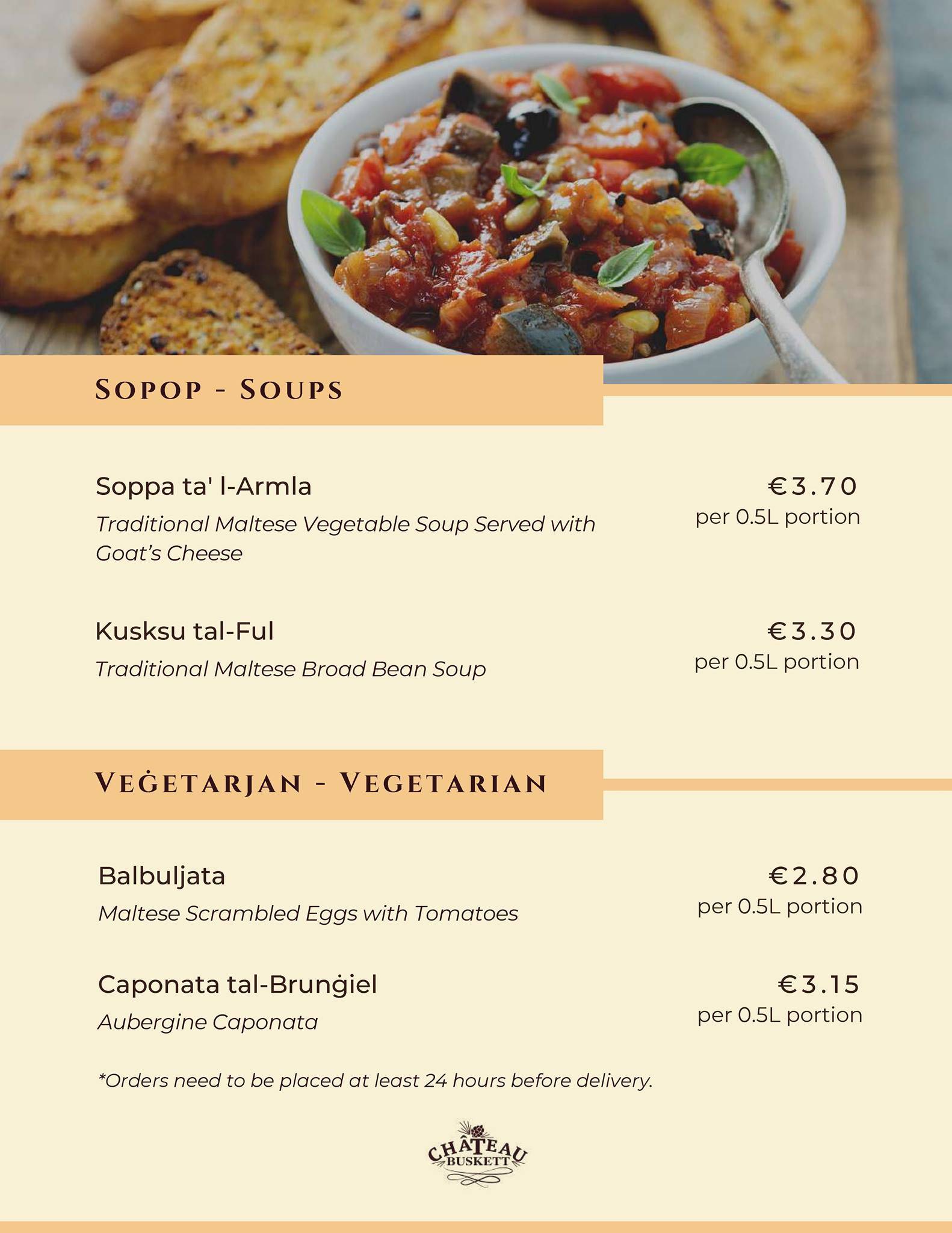 Carta del restaurante Chateau Buskett, Siggiewi, Triq Il-Buskett