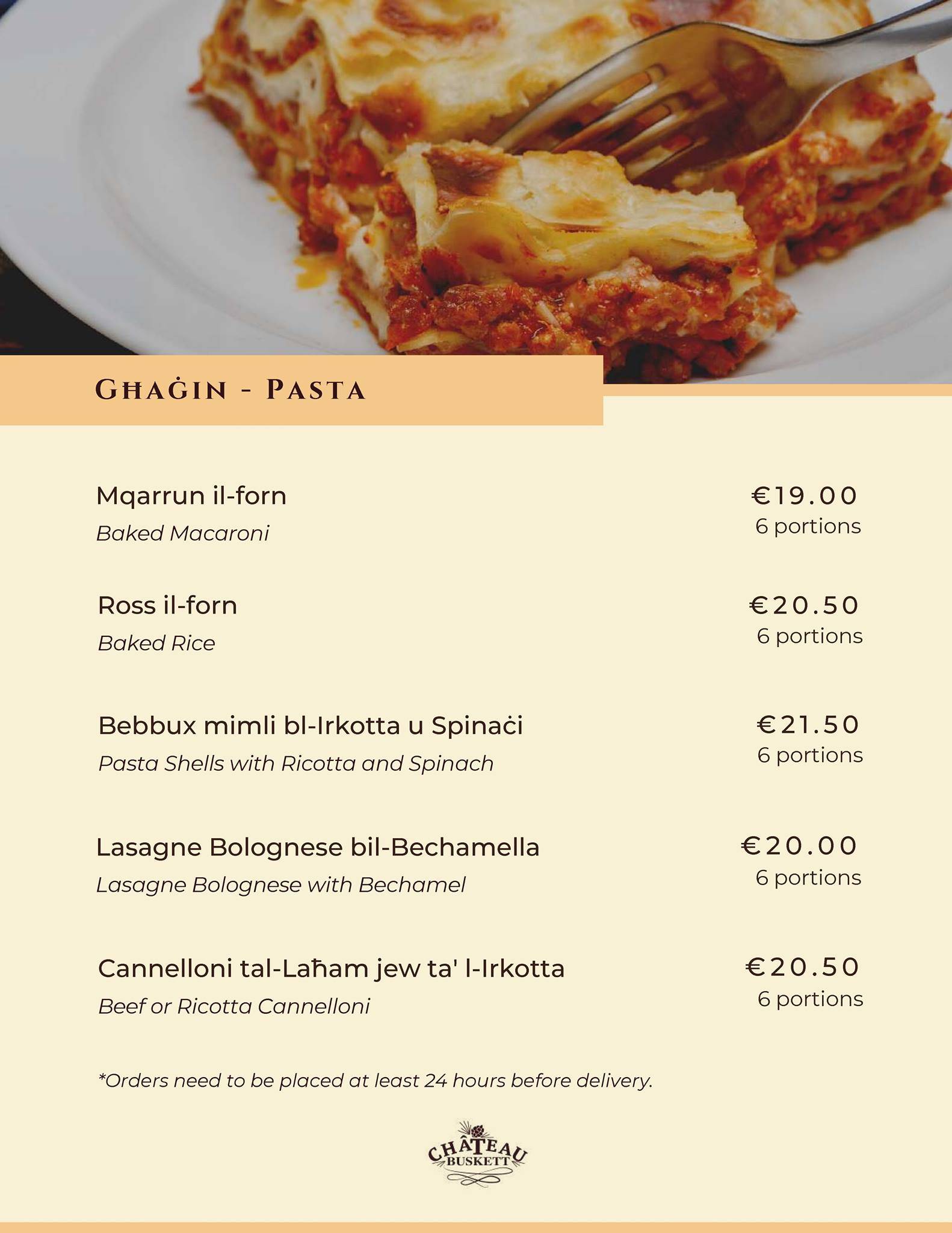 Carta del restaurante Chateau Buskett, Siggiewi, Triq Il-Buskett