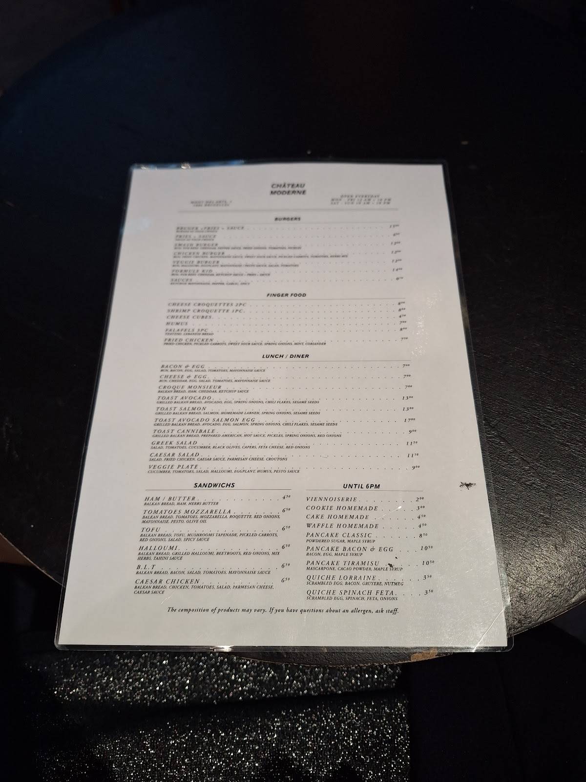 Menu at Château Moderne, Brussels