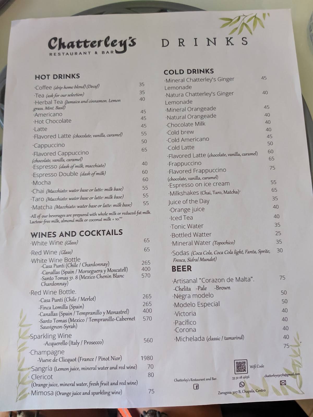 Menu at Chatterley's Restaurant and Bar, Chapala