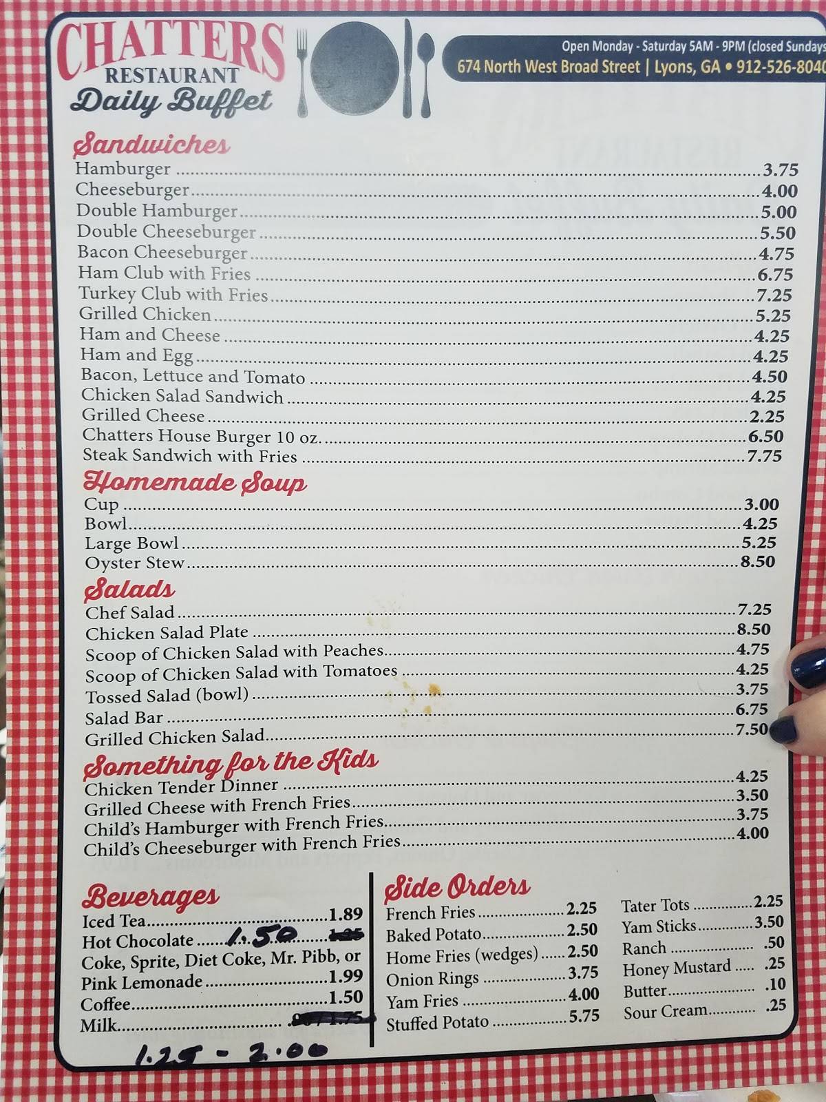 Menu at Chatters Restaurant, Lyons