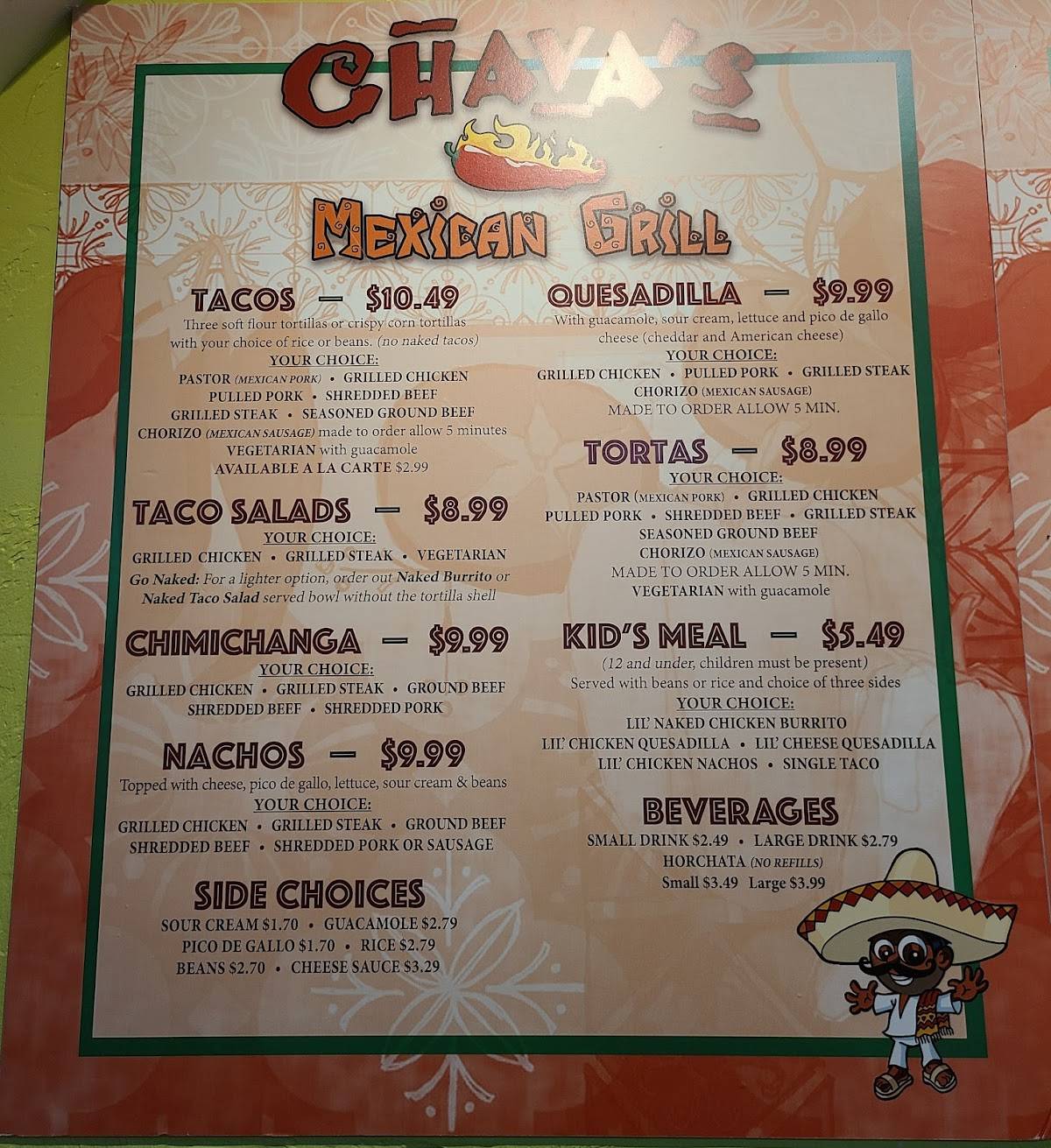 Menu at Chava’s Mexican Grill restaurant, Terre Haute