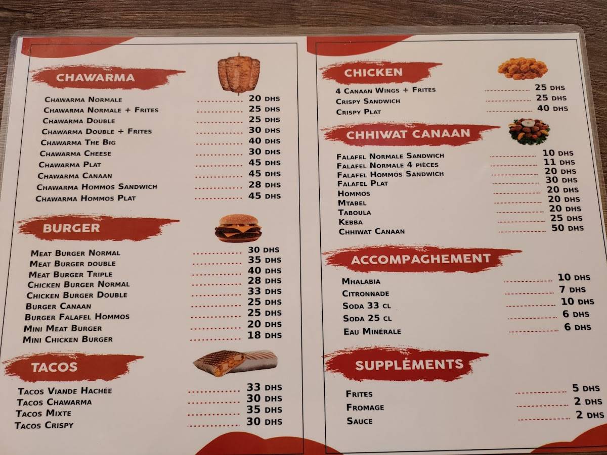 Menu au Chawarma Canaan restaurant, Mohammedia