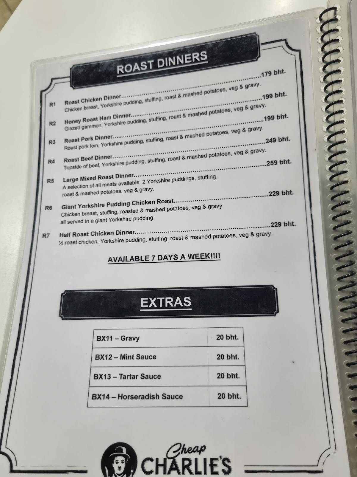 Menu at Cheap Charlie's restaurant, Pattaya City, 420/17 Soi Buakhao