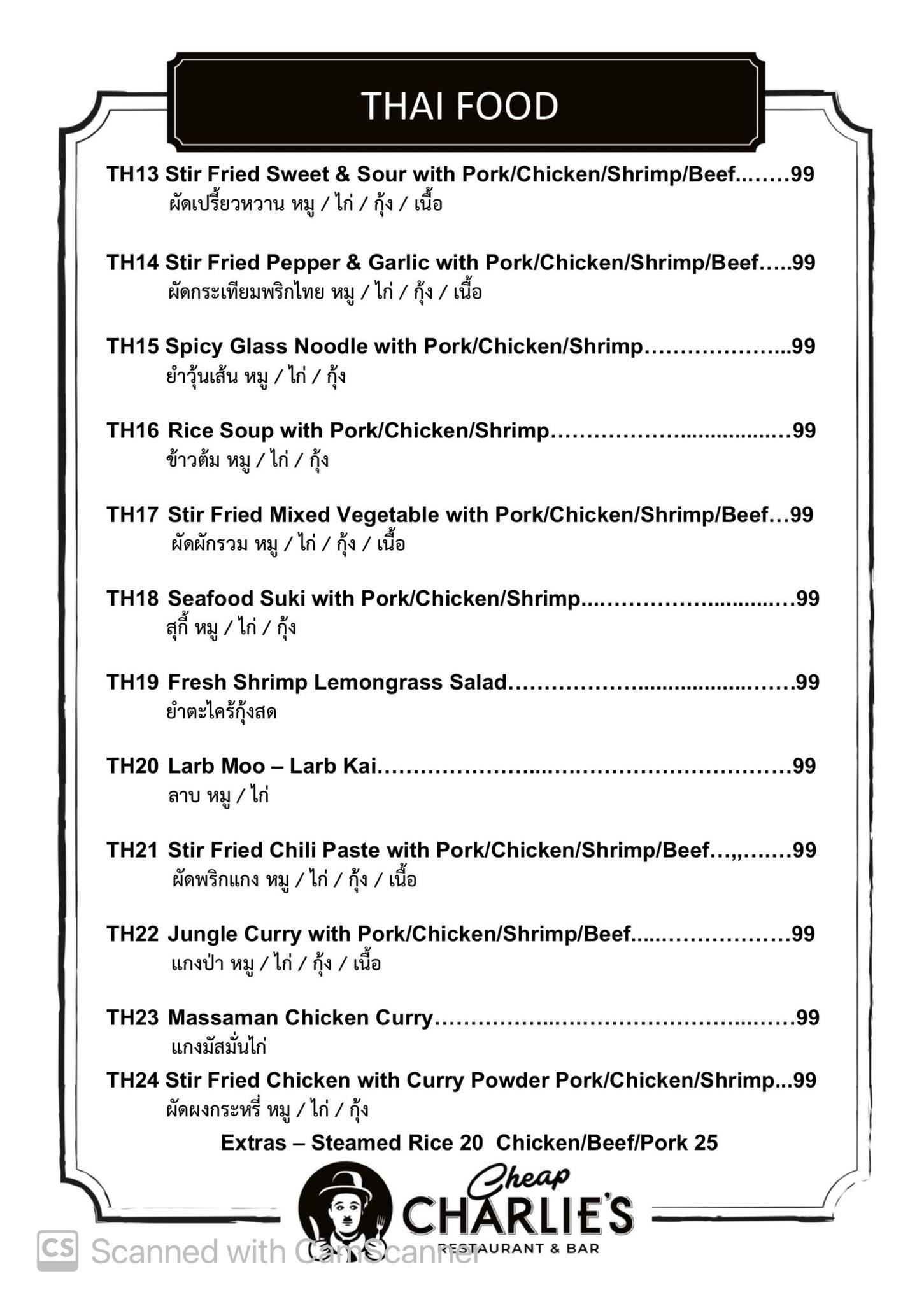 Menu at Cheap Charlie's restaurant, Pattaya City, 420/17 Soi Buakhao