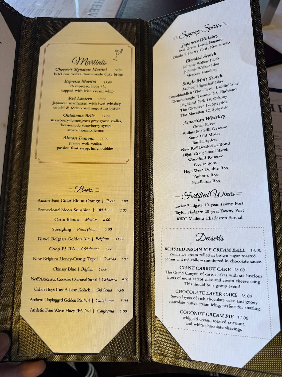 Menu at Cheever's Cafe, Oklahoma City