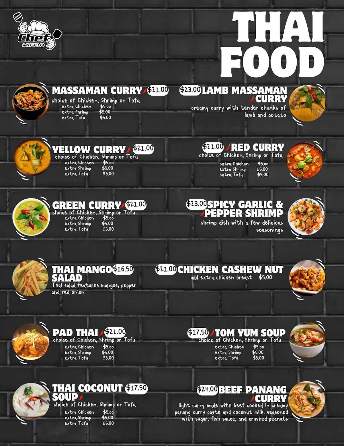Menu at Chef Angelo restaurant, Whitehorse, 38 Lewes Blvd