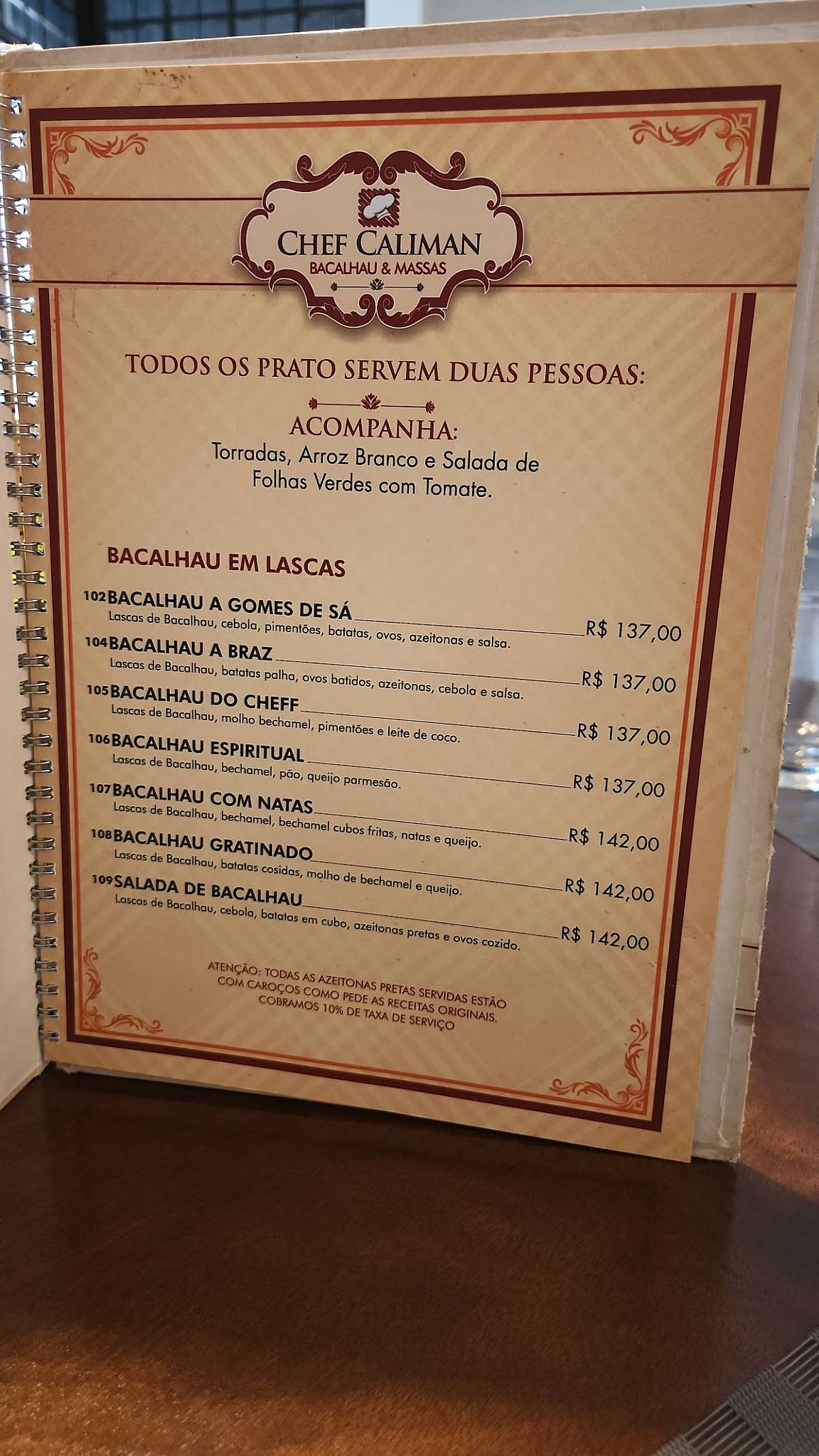 Menu at Chef Caliman restaurant, Cuiabá