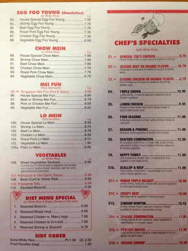 Menu at Chef Chen's restaurant, Mineral Wells
