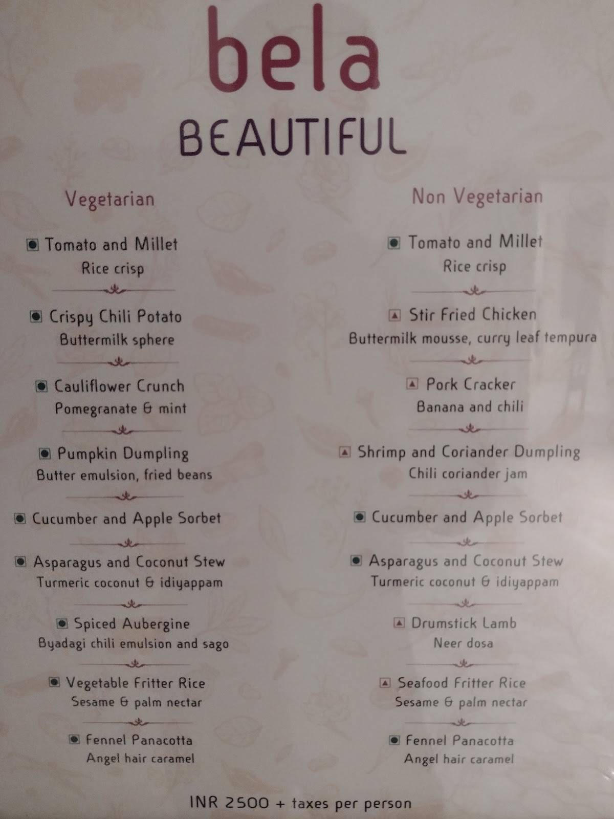 Menu at Avartana, Chennai