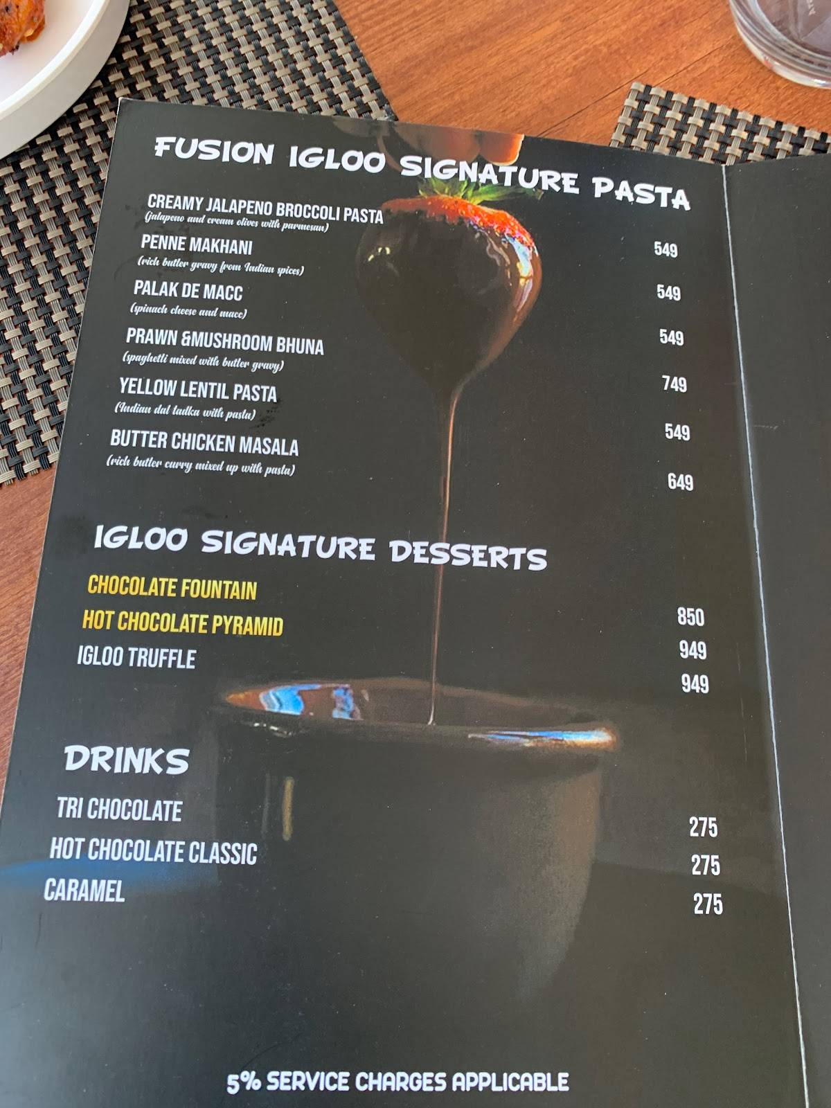 Menu at Igloos rooftop restaurant, Chennai