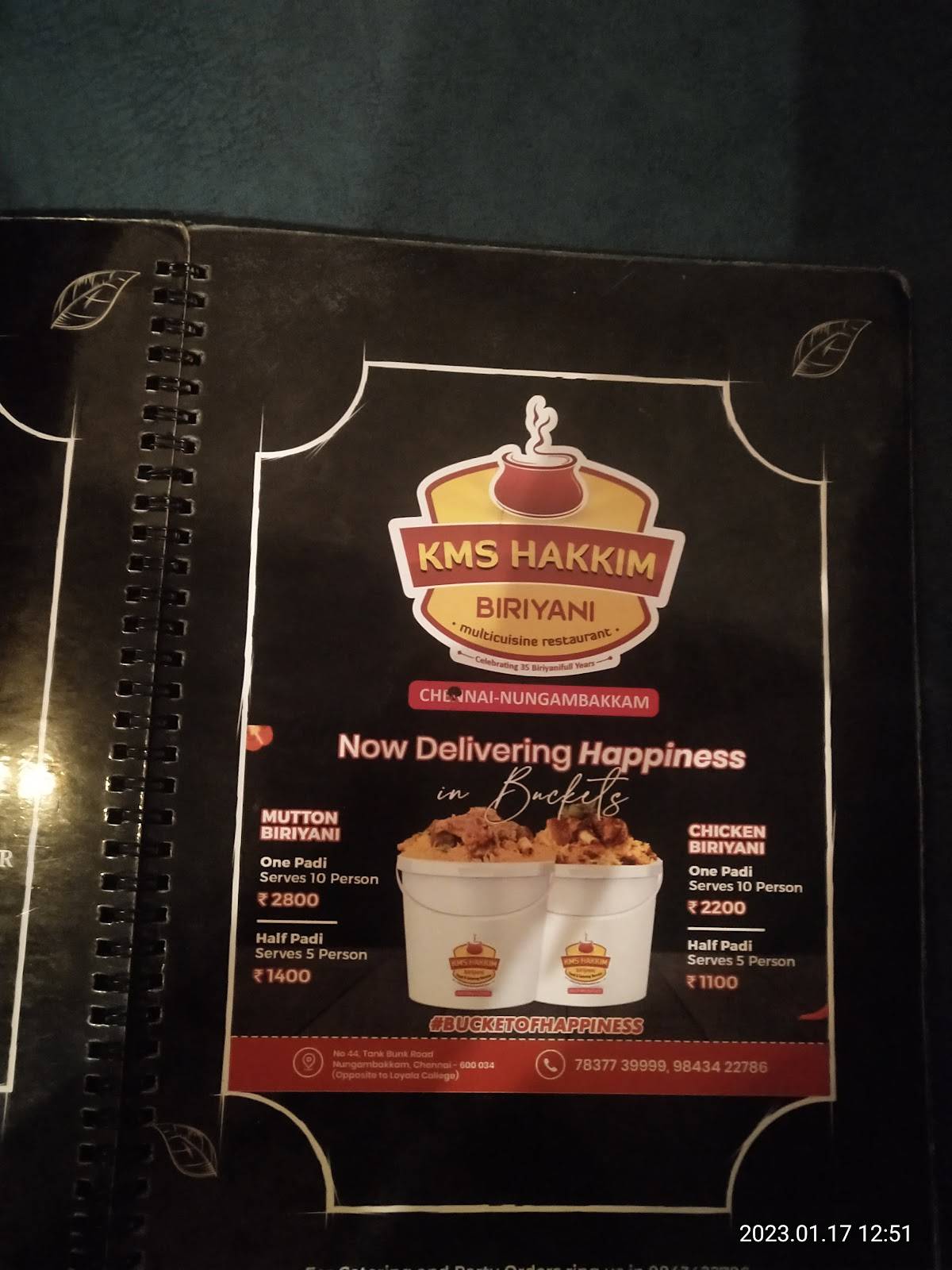 Menu at KMS HAKKIM KALYANA BIRIYANI, Chennai