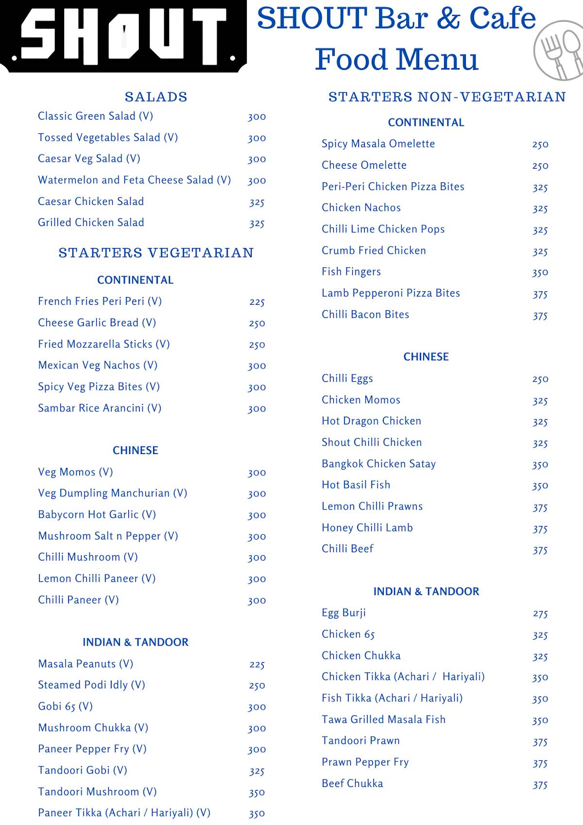 Menu at SHOUT Bar & Cafe, Chennai, 2nd floor