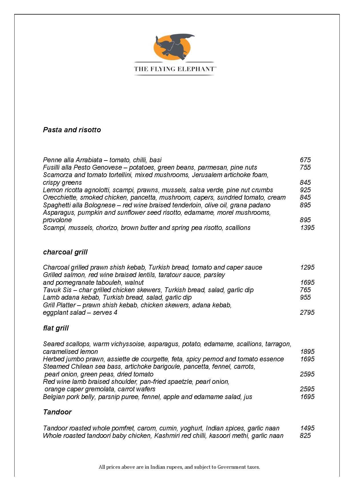 Menu at The Flying Elephant, Chennai, Raj Bhavan