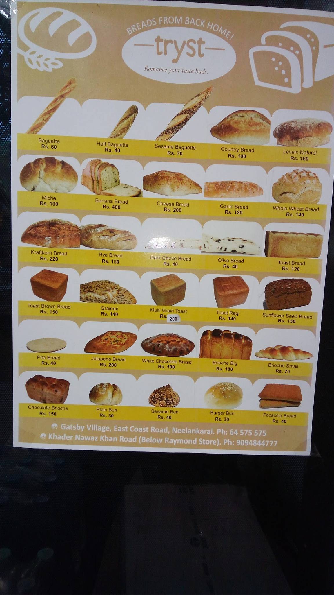 Menu at Tryst Cafe, Chennai, 359