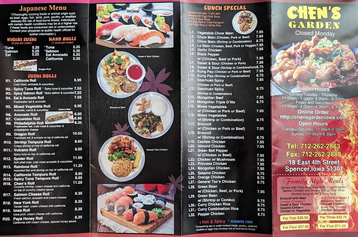 Menu at Chen's Garden restaurant, Spencer