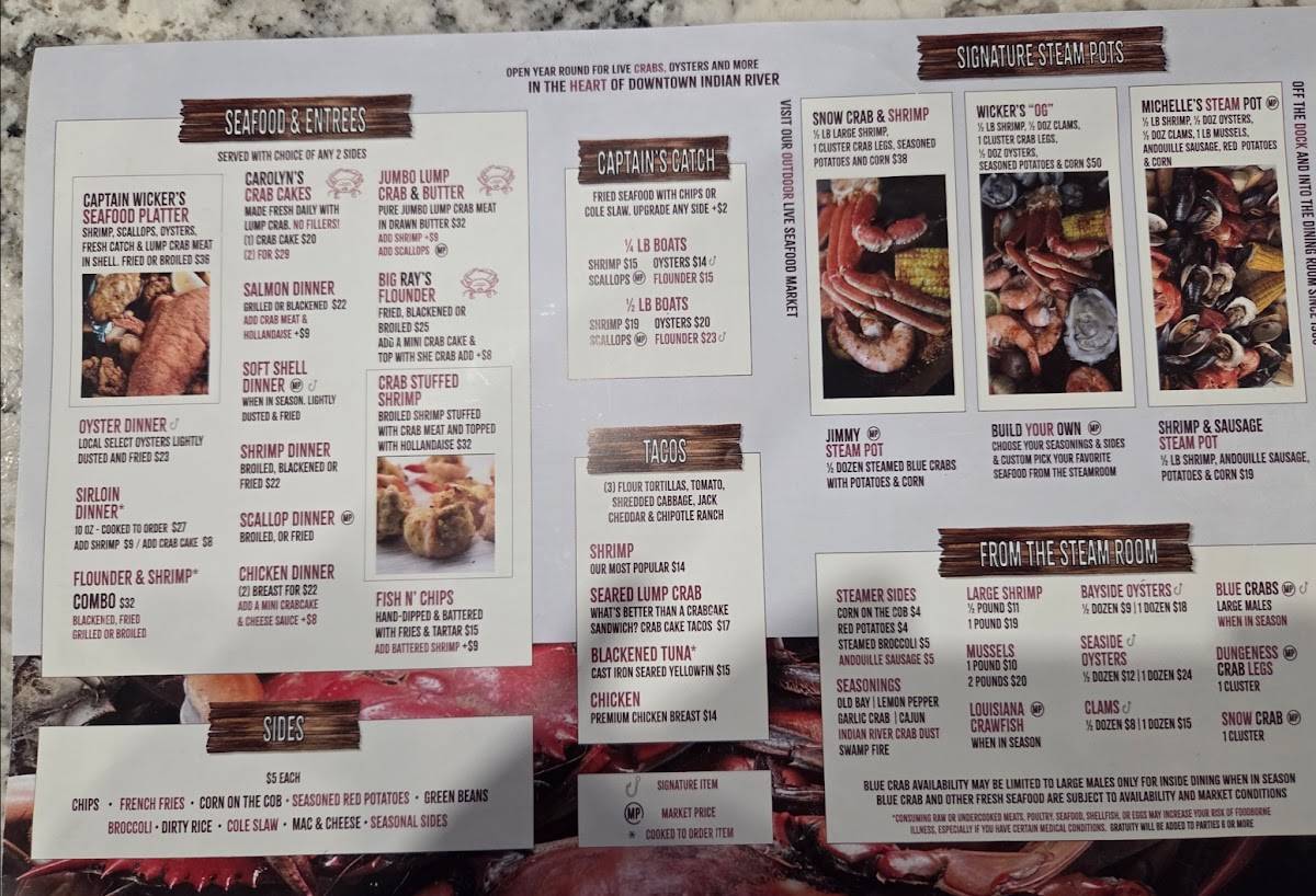 Menu at Wicker's Crab Pot Seafood restaurant, Chesapeake