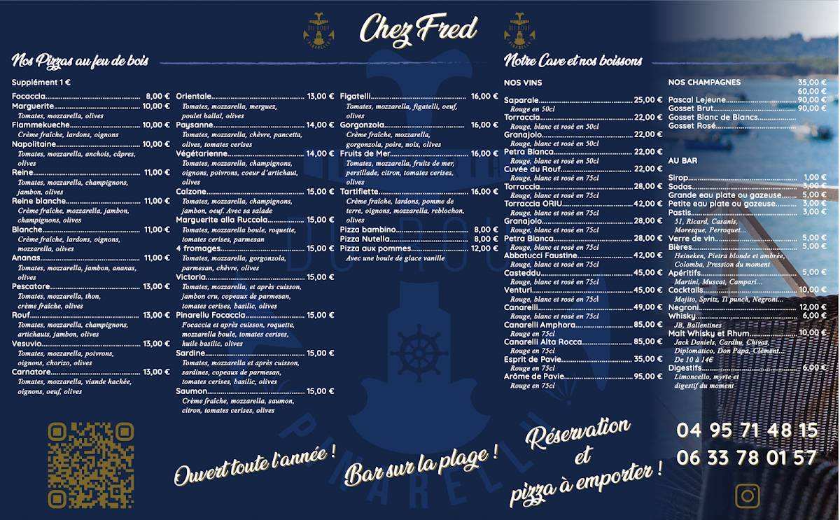 Carta del restaurante Chez Fred, Zonza, Pinarello