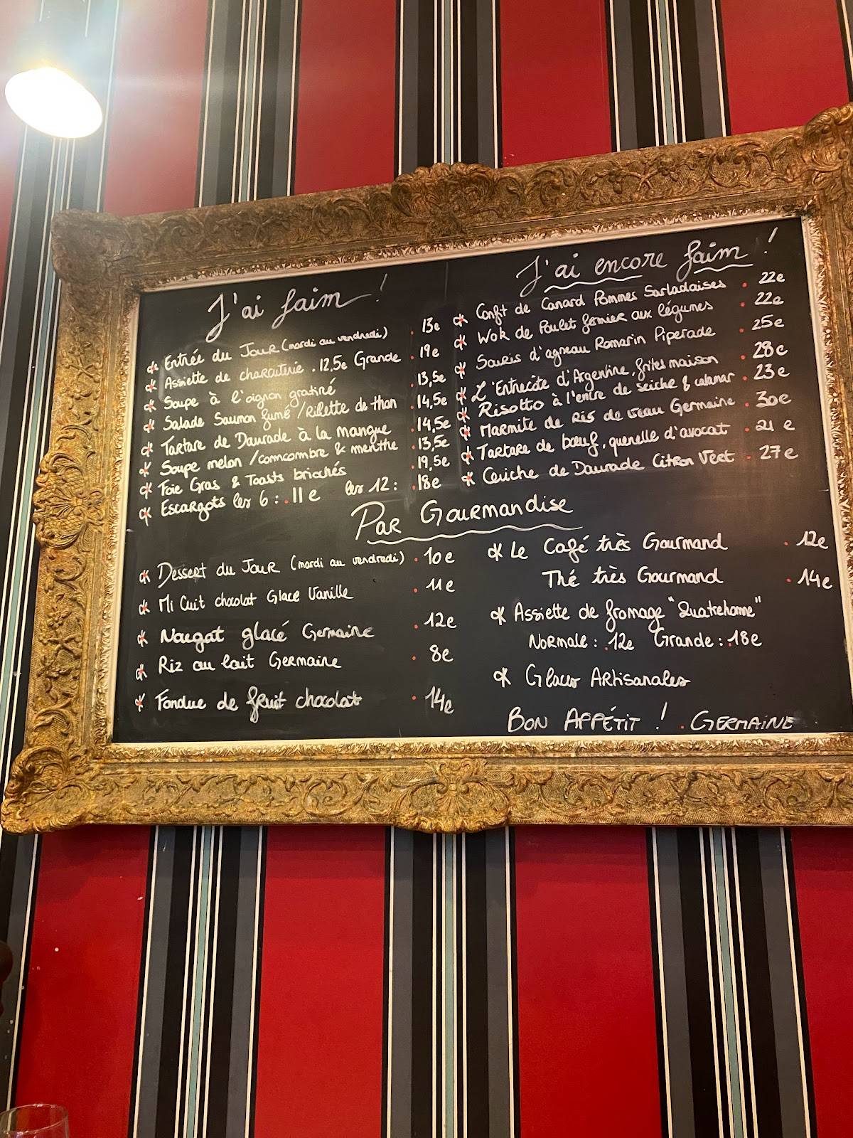 Menu au Chez Germaine restaurant, Paris