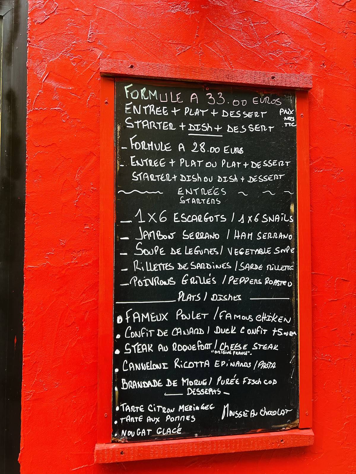 Menu at Chez Moi restaurant, Nice
