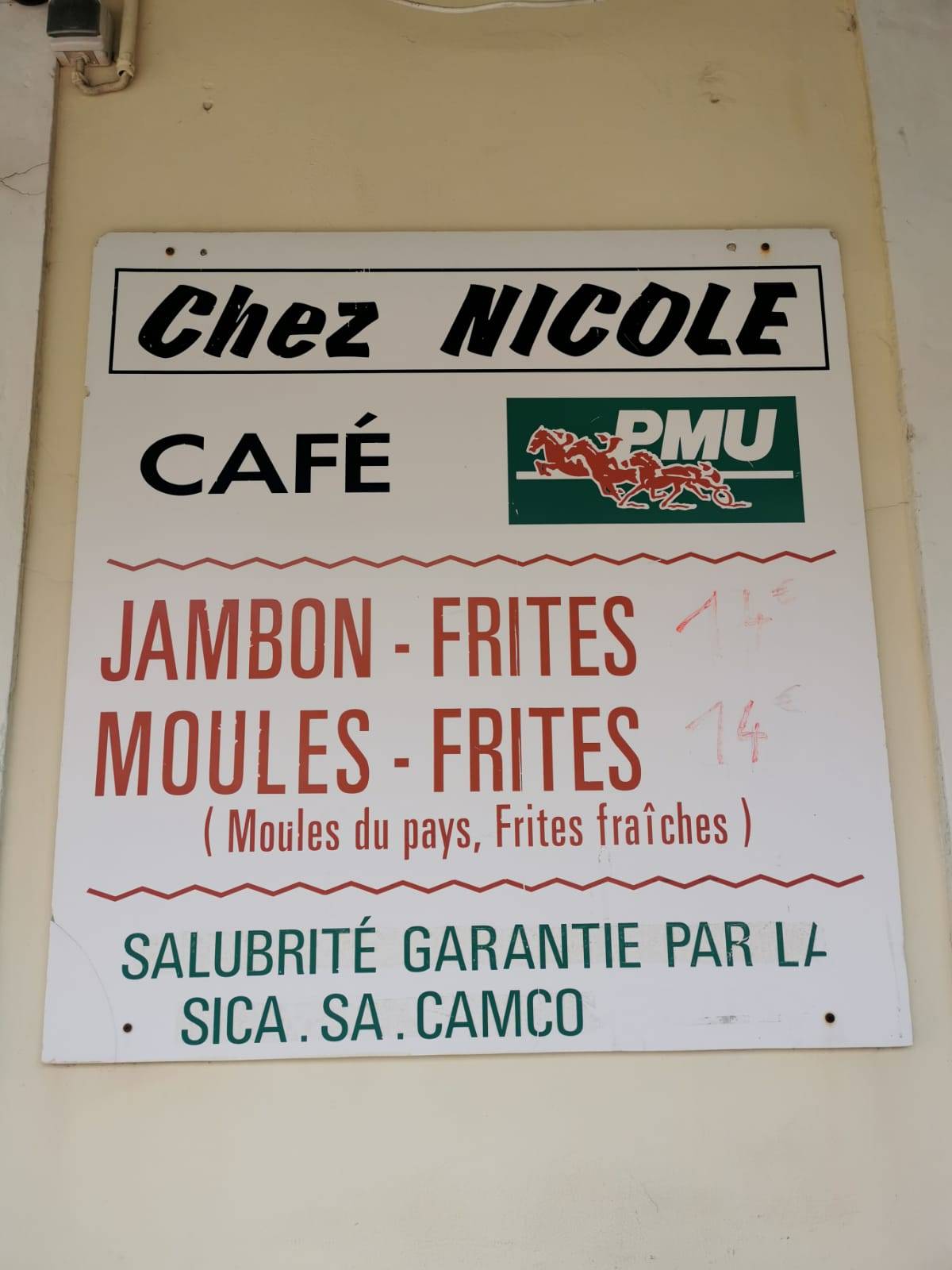Menu au Chez Nicole Café PMU, Wissant