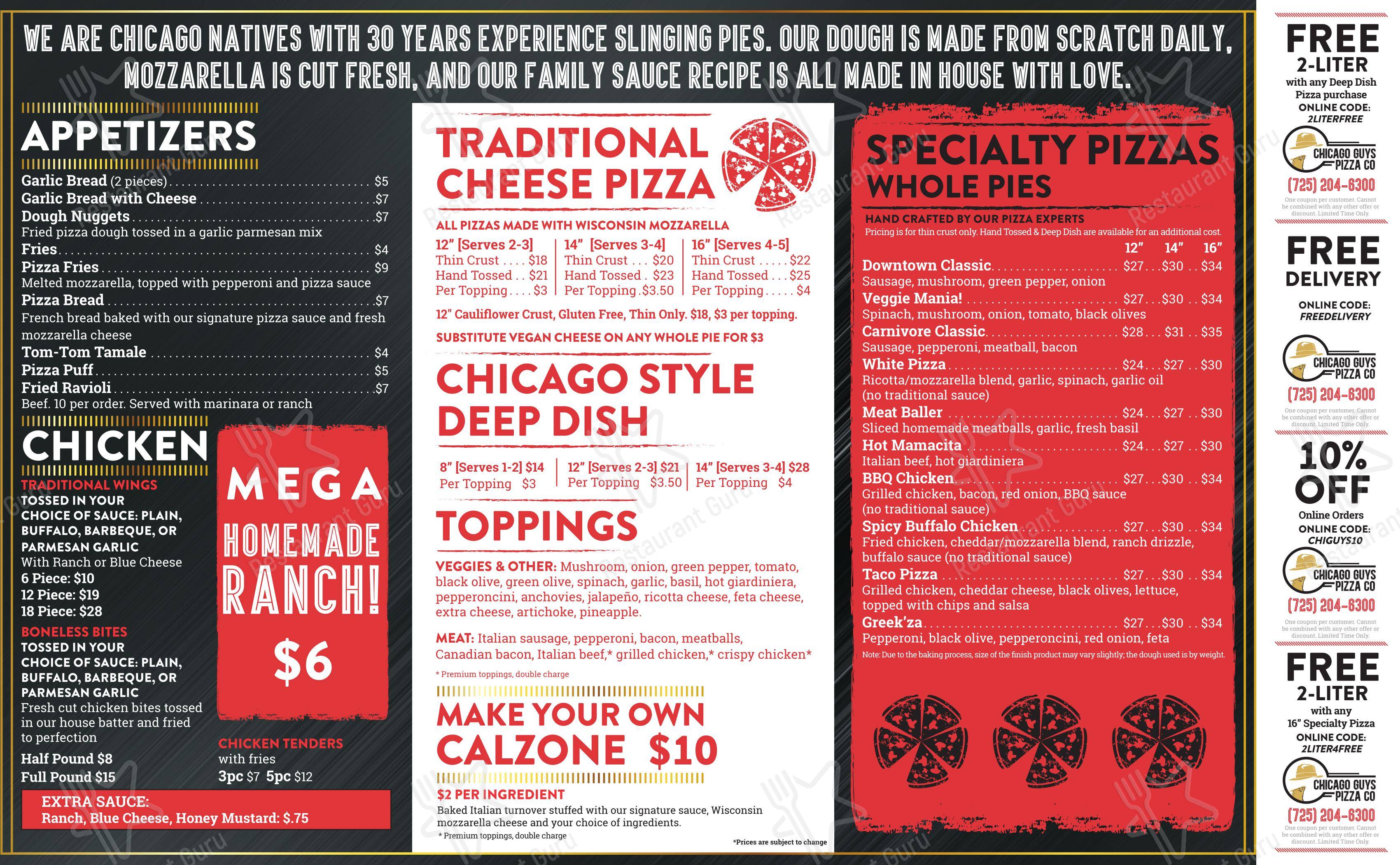 Menu at Chicago Guys Pizza Co. pizzeria, Las Vegas