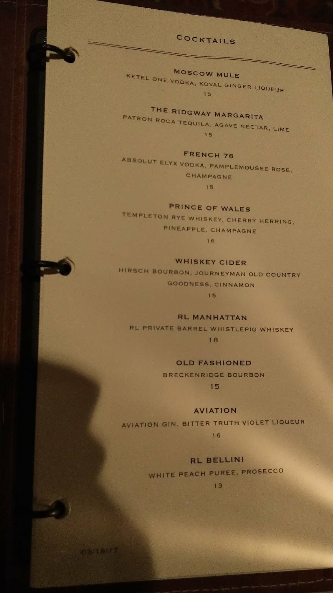 Menu at RL Restaurant, Chicago, 115 E Chicago Ave