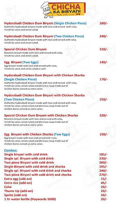 Menu at Chicha Ka Biryani, Hyderabad