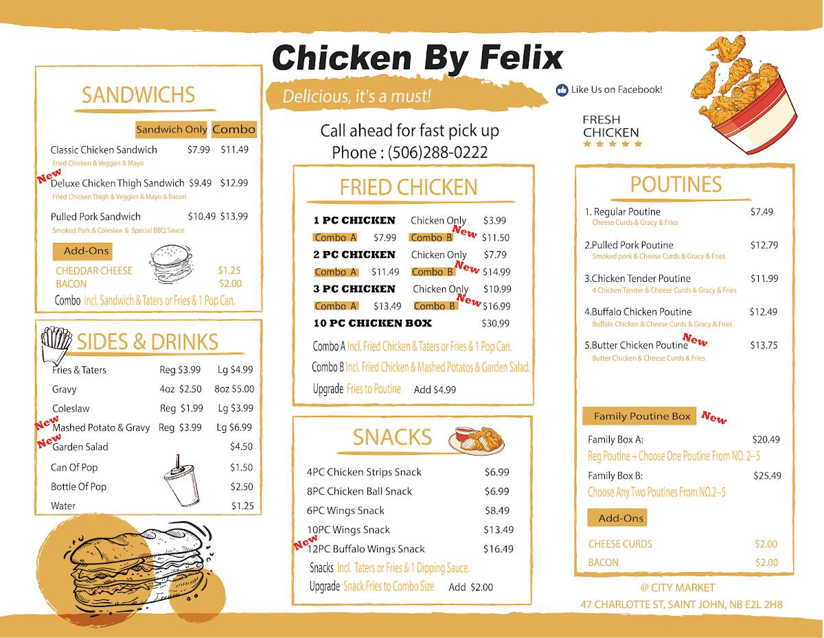 Menu at Chicken By Felix restaurant, Saint John