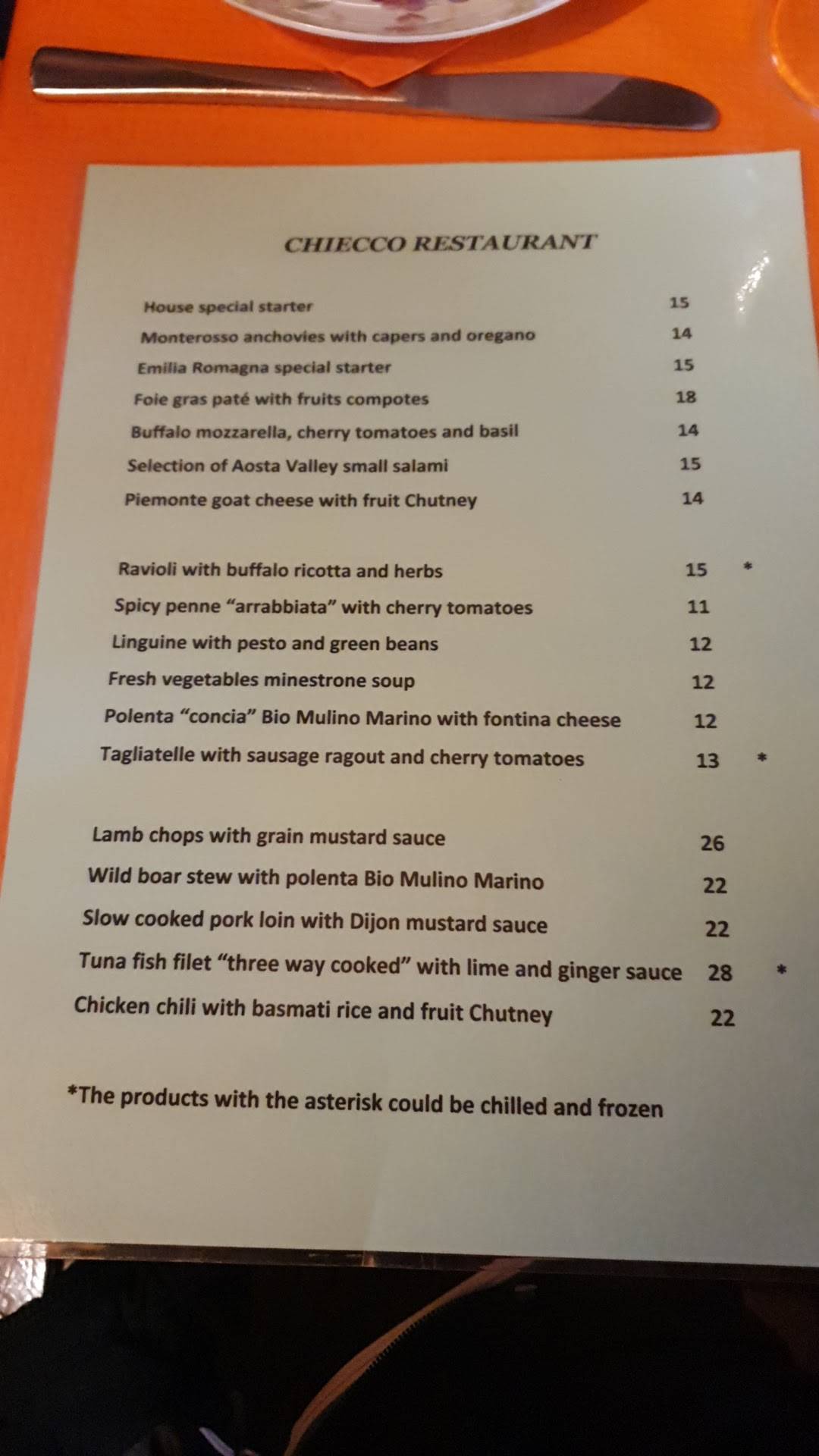 Menu at Chiecco restaurant, Courmayeur