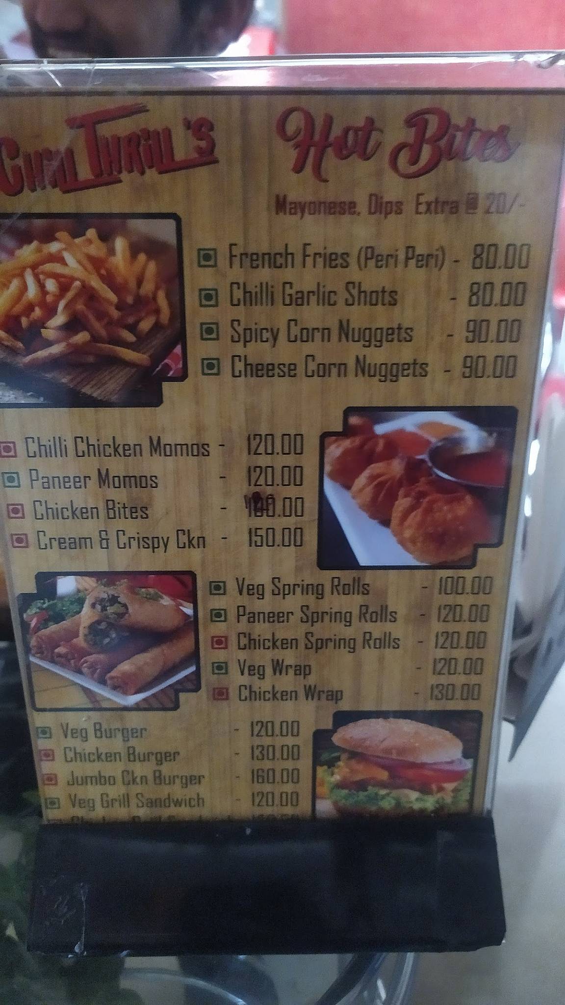 Menu at Chill Thrill, Tirupati