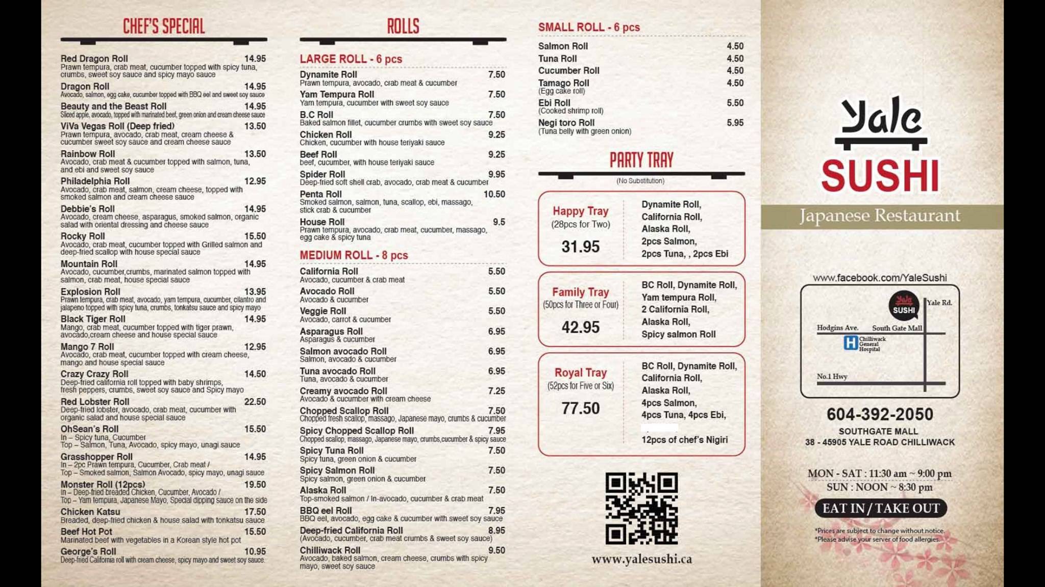 Menu at Yale Sushi restaurant, Chilliwack