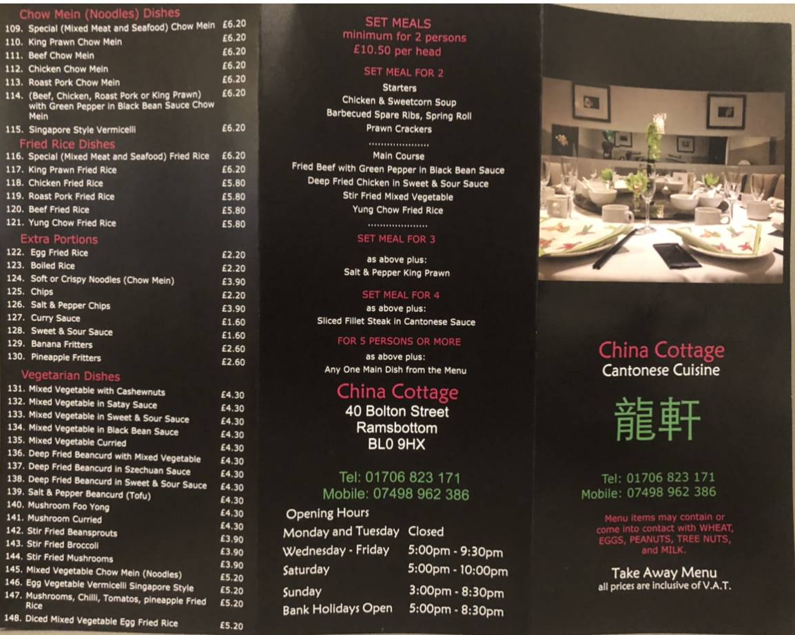 Menu at New China Cottage restaurant, Bury